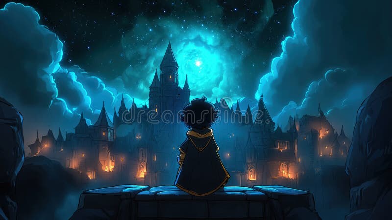 Young Wizard Facing Castle Under Magical Sky. Stock Illustration ...