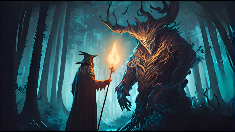 Young Wizard with Magic Staff and Giant Creature Looking at Each Other ...
