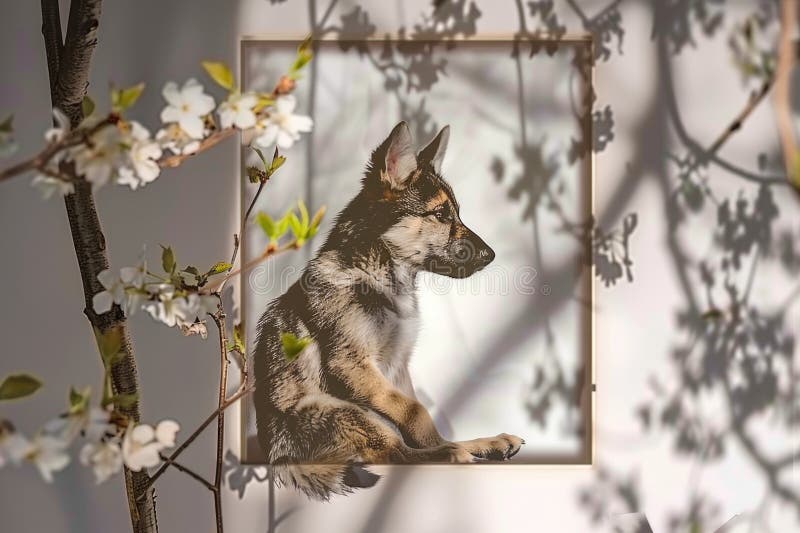 A Young Wolf Pup Sits in a Framed Photograph, with Spring Blossoms and ...