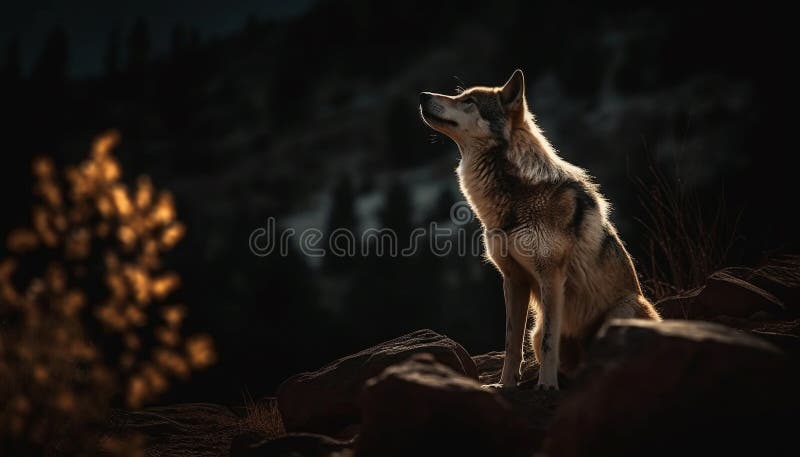 Young Wolf Sitting in Winter Forest Night Generated by AI Stock Photo ...