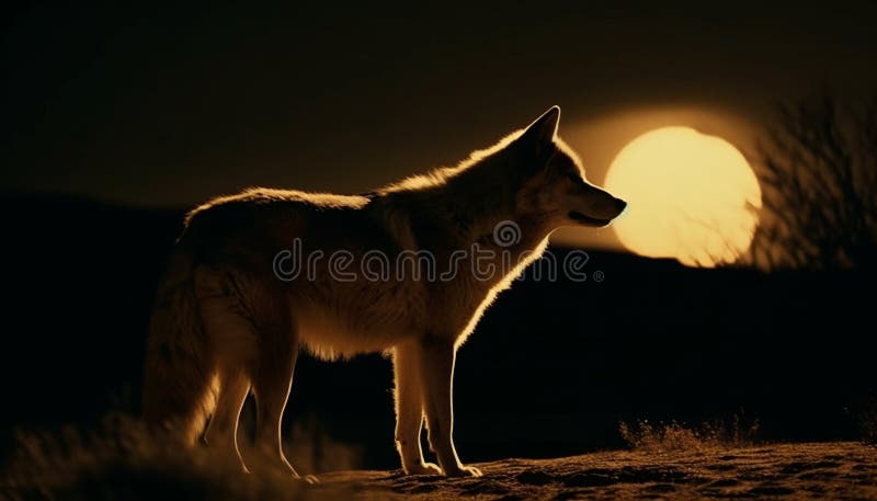 Young Wolf Standing in Grass, Howling at Sunset Generated by AI Stock ...