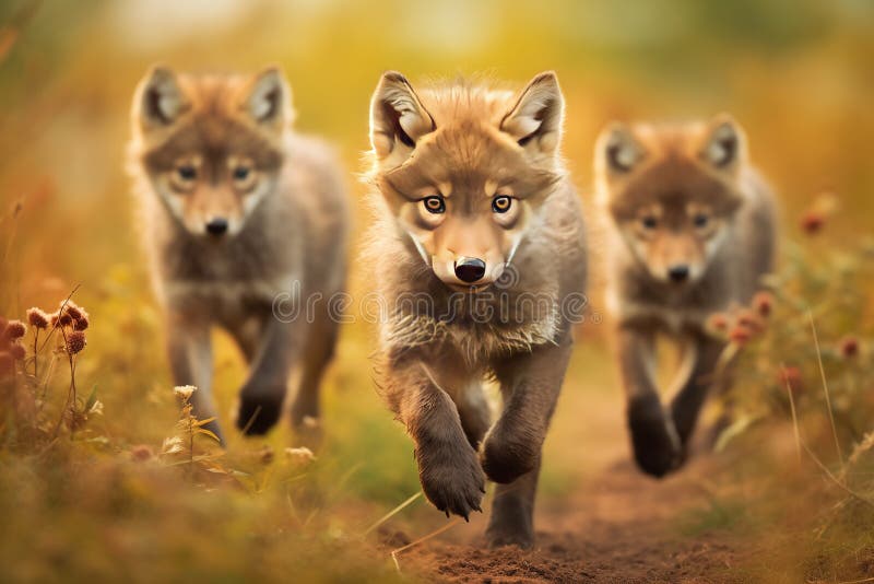 Young Wolves Running through a Field at Sunset Stock Illustration ...