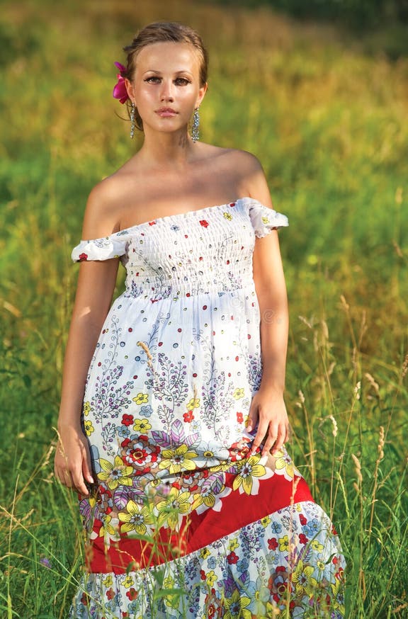 Young woman stock photo. Image of stand, sundress, front - 15207852