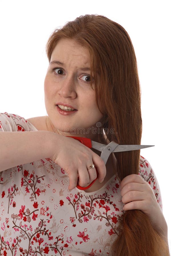 The Young Woman is Afraid To Cut Hair Stock Photo - Image of hair ...
