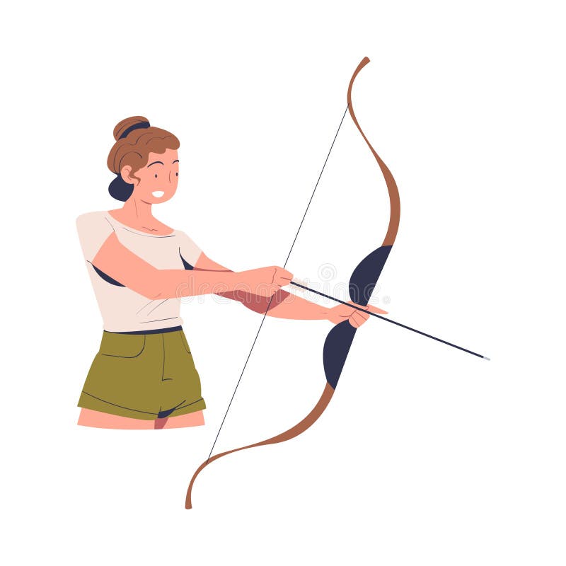 Young Woman Aiming at Target with Bow. Archer Practicing Shooting ...