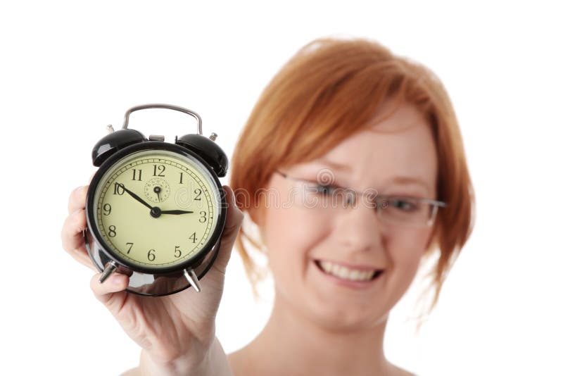 A Young Woman with Alarm Clock Stock Photo - Image of home, minute ...