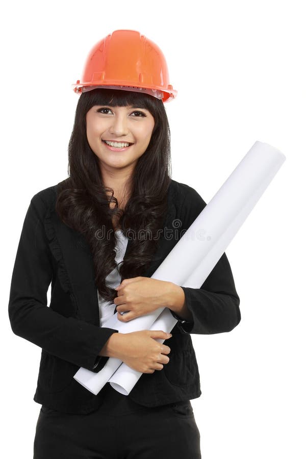Young Woman Architect with Orange Helmet Stock Photo - Image of ...