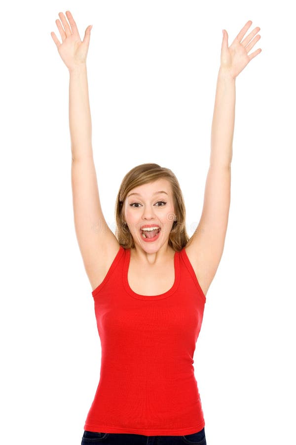 Young Woman with Arms Raised Stock Image - Image of happiness, studio ...