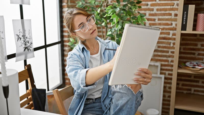 Young Woman Artist Drawing on Notebook at Art Studio Stock Photo ...