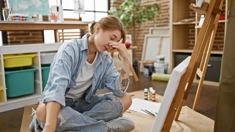 Young Woman Artist Looking Draw Stressed at Art Studio Stock Photo ...