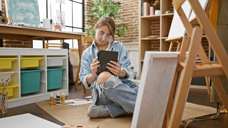 Young Woman Artist Looking Touchpad Drawing at Art Studio Stock Photo ...