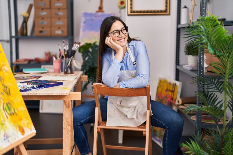 Young Woman Artist Smiling Confident at Art Studio Stock Image - Image ...