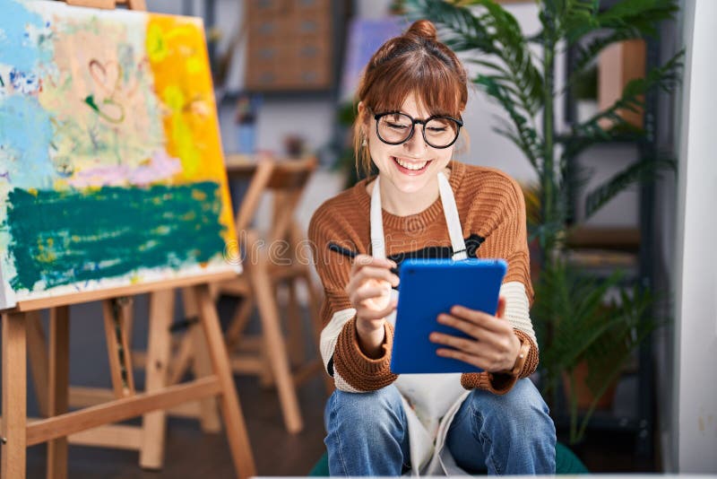 Young Woman Artist Using Touchpad at Art Studio Stock Photo - Image of ...
