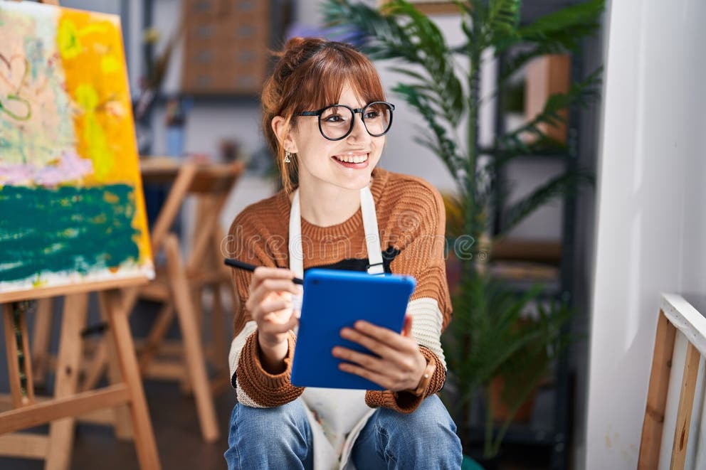 Young Woman Artist Using Touchpad at Art Studio Stock Image - Image of ...