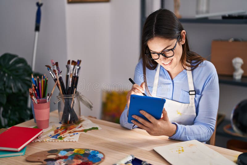 Young Woman Artist Using Touchpad Drawing on Touchpad at Art Studio ...