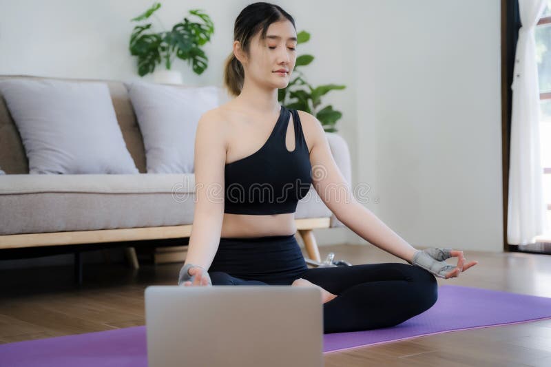 Young Woman Asian Practicing Breathing Exercise Stock Image - Image of ...