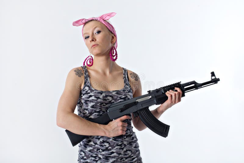 Young Woman with Automatic Rifle Stock Photo - Image of dangerous, ak47 ...