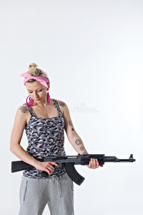 Young Woman with Automatic Rifle Stock Image - Image of holding ...