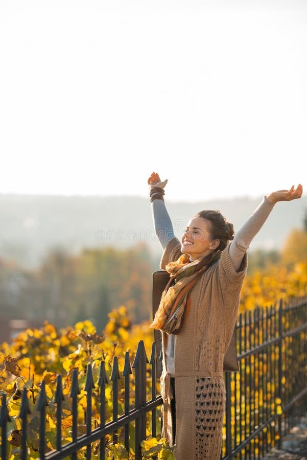 Young Woman in Autumn Outdoors Rejoicing Stock Photo - Image of female ...