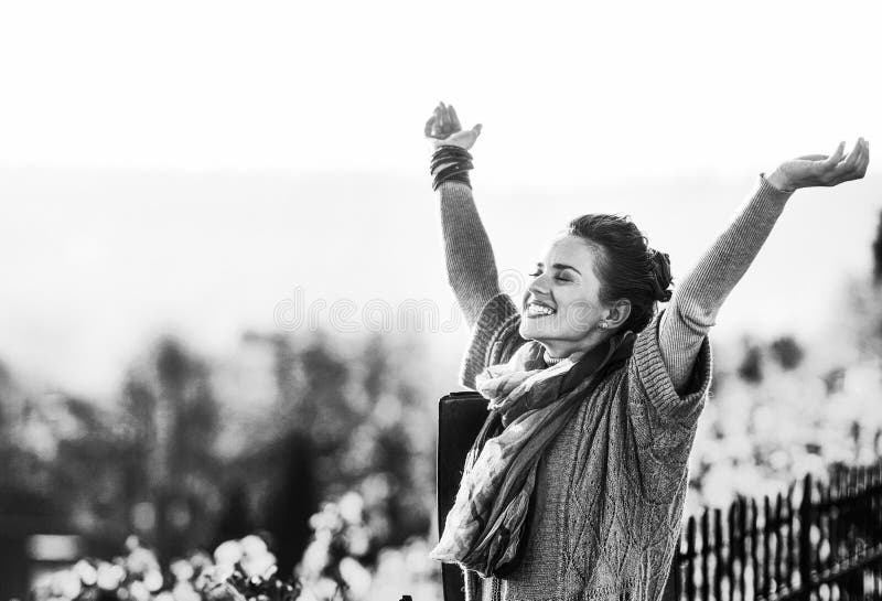 Young Woman in Autumn Outdoors Rejoicing Stock Image - Image of woman ...