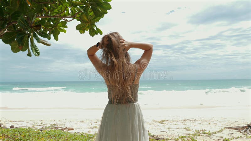 Back View of Woman Stands Near Railing on Stock Video - Video of stands ...
