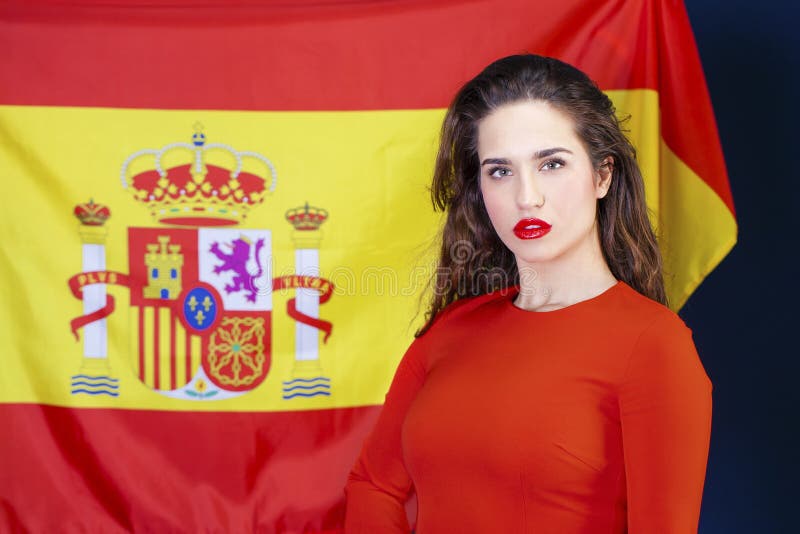 Young Woman on the Background of the Spanish Flag Stock Photo - Image ...