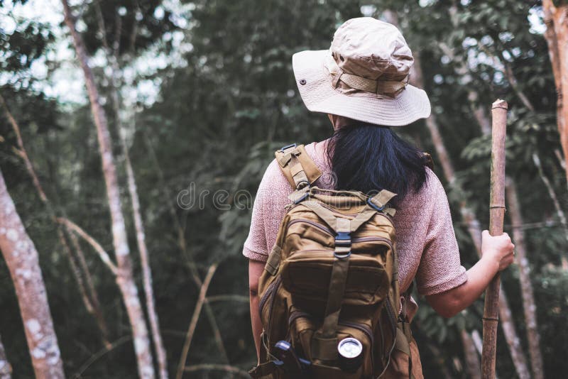 Young Woman with Backpack Hiking in the Deep Jungle Stock Image - Image ...