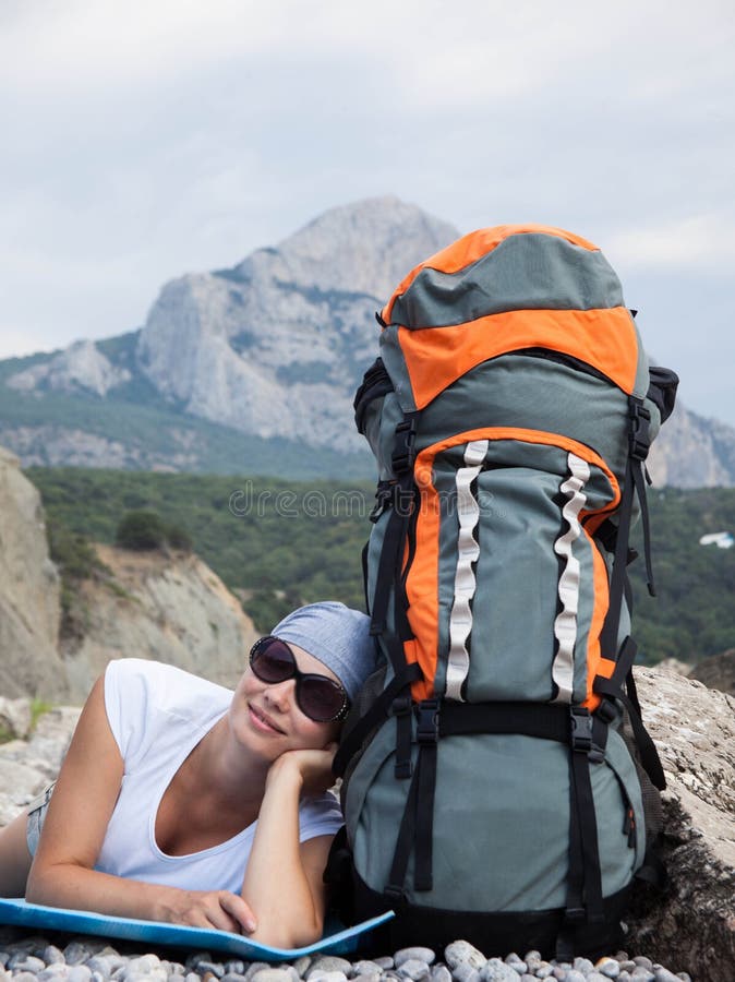 Young woman with backpack stock image. Image of adventure - 34992843