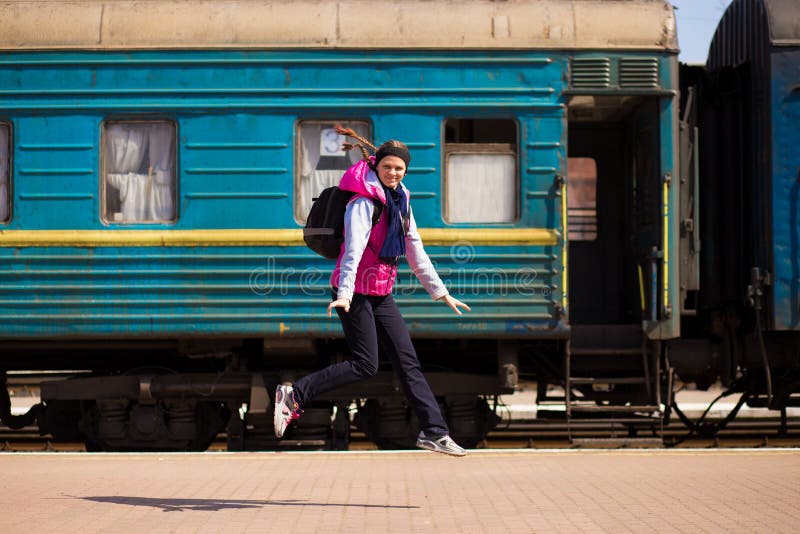 Young Woman with Backpack Run at Railway Station Stock Image - Image of ...