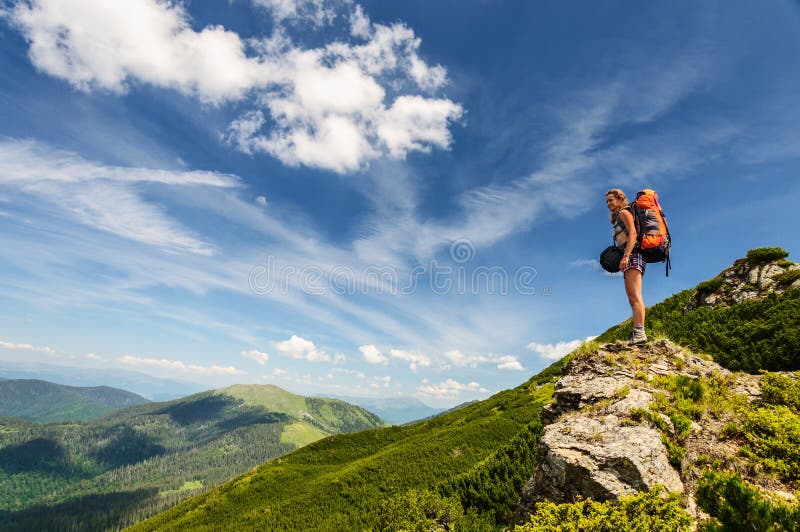 Young Woman with Backpack Standing on Cliff Stock Image - Image of high ...