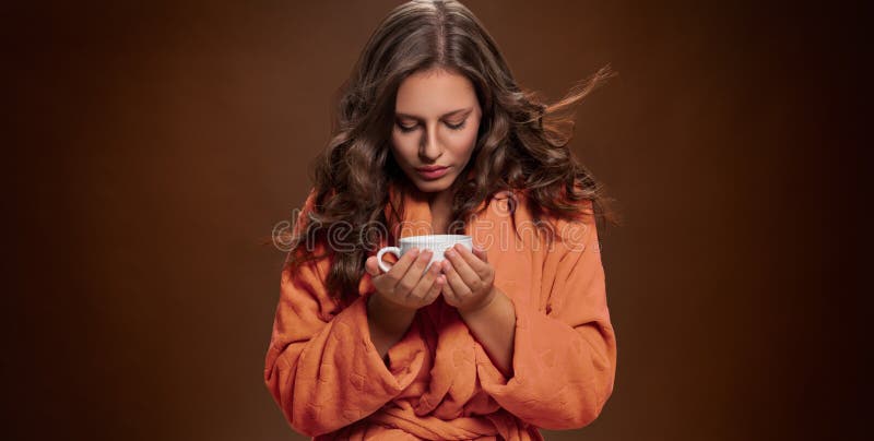 Woman in Bathrobe Holding Coffee Stock Image - Image of flavor, dark ...