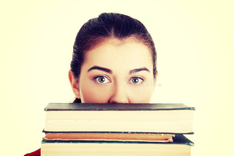 Young Woman Behind an Old Books Stock Photo - Image of beauty ...