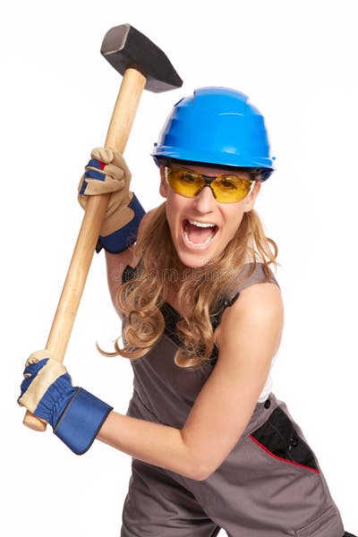 Young Woman with a Big Hammer Stock Photo - Image of hammer, barney ...