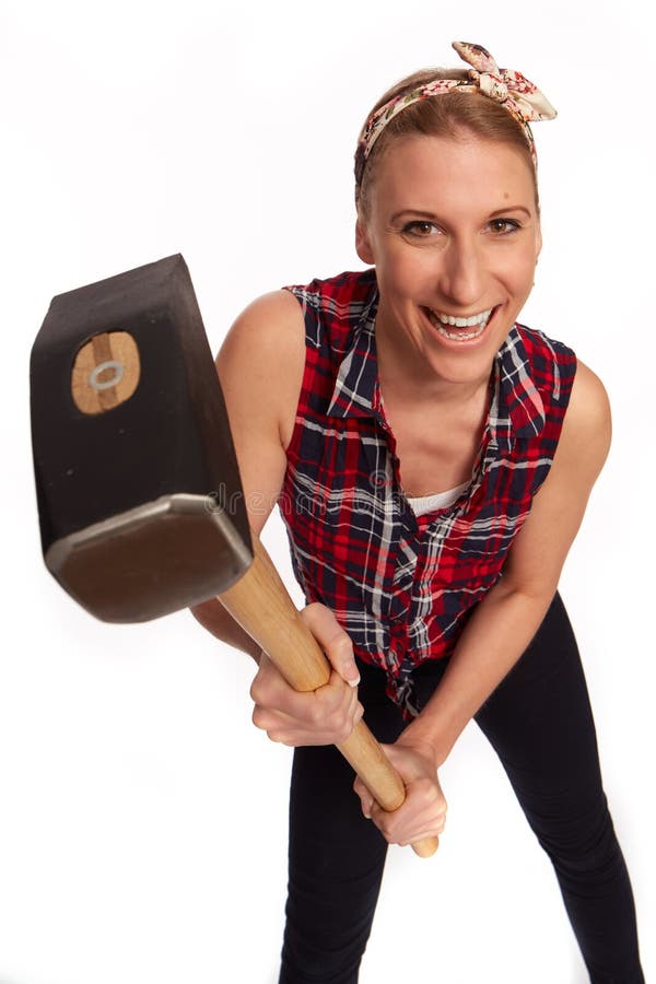 Young Woman with a Big Hammer Stock Photo - Image of confident, build ...