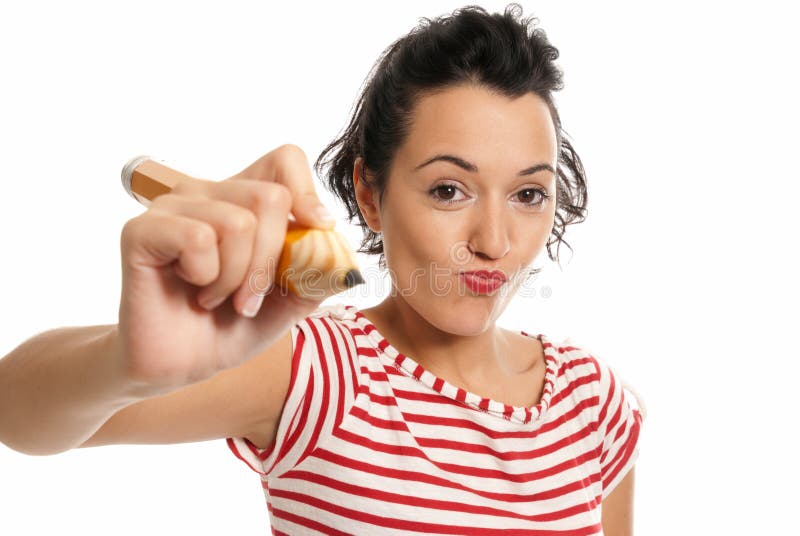 Young Woman with Big Pencil Draw Camera Isolated Stock Photo - Image of ...