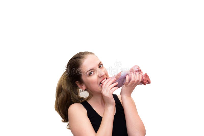 Young Woman Bite a Piece of Meat Stock Image - Image of healthy, lamb ...