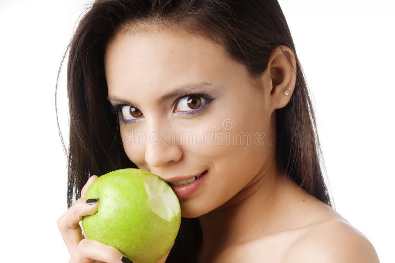 Young Woman Biting a Green Apple Stock Photo - Image of organic, nature ...