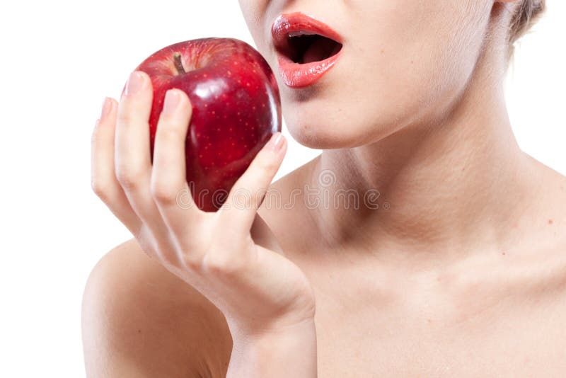 Young Woman Biting Red Apple on White Stock Photo - Image of diet, bite ...