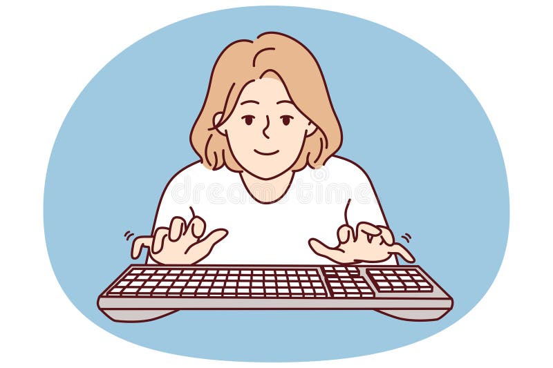 Young Woman Blogger Typing Keyboard Looks at Screen while Typing E-mail ...