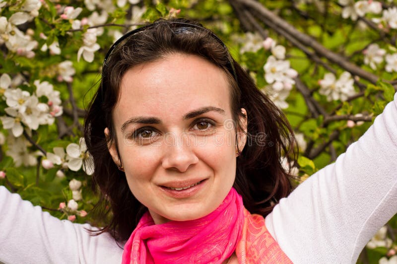 Spring Beauty with Hands Up in a Bloomed Garden Stock Photo - Image of ...