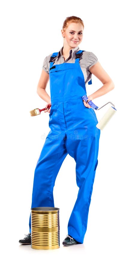 Young Woman in Blue Overalls with Painting Tools Stock Image - Image of ...