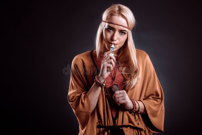 Young Woman in the Boho Style Blowing Smoke Stock Image - Image of ...