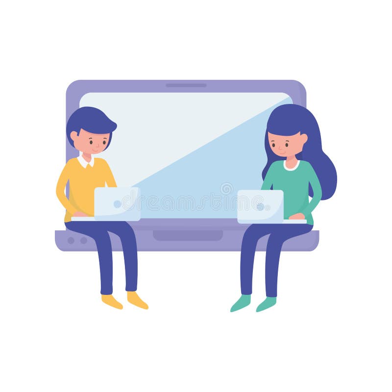 Young Woman and Boy Student with Laptop Learning Online Stock Vector ...