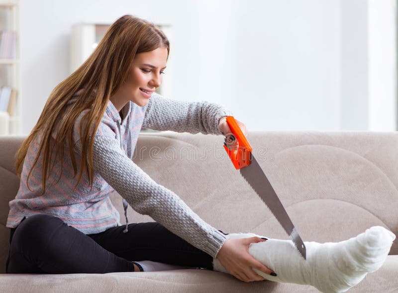 Young Woman with Broken Leg at Home Stock Photo - Image of insurance ...