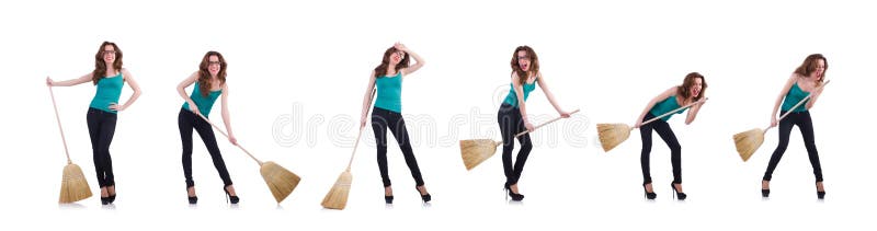 Young Woman with Broom Isolated on White Stock Image - Image of lady ...