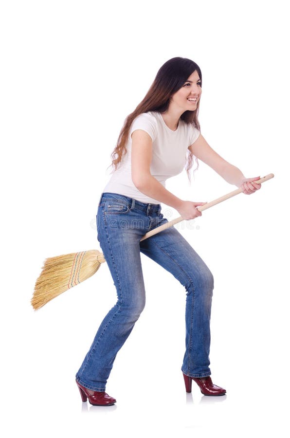 Young woman with broom stock image. Image of cheerful - 32528309
