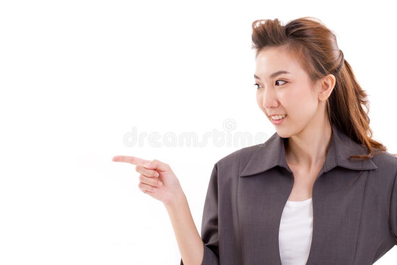 Young Woman Business Executive Pointing Up or Presenting Something ...