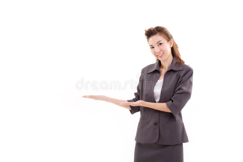 Young Woman Business Executive Pointing Up Something, Presenting Stock ...