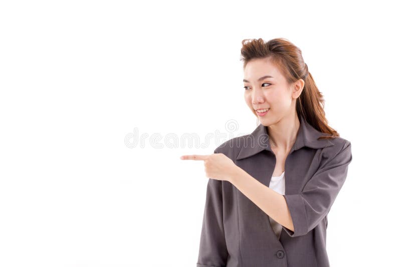 Young Woman Business Executive Pointing Up Something Stock Photo ...