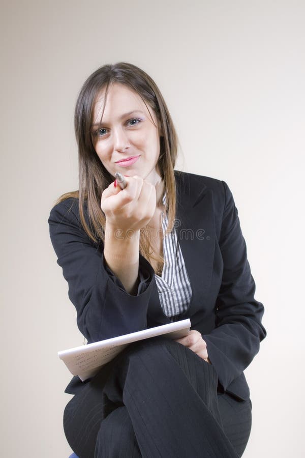 Young Woman Business Pointing Pen Smiling Stock Photo - Image of pass ...